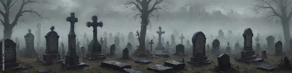 A creepy, fog-covered graveyard with skeletal zombies and ancient ...