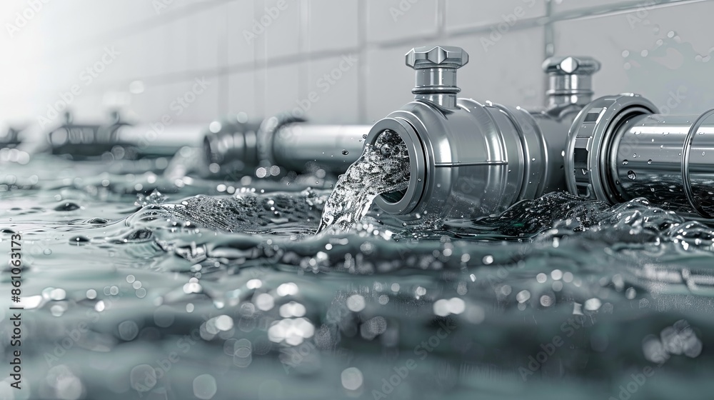 Front view of leaking PVC pipes and elbow, dripping water at pipe ...