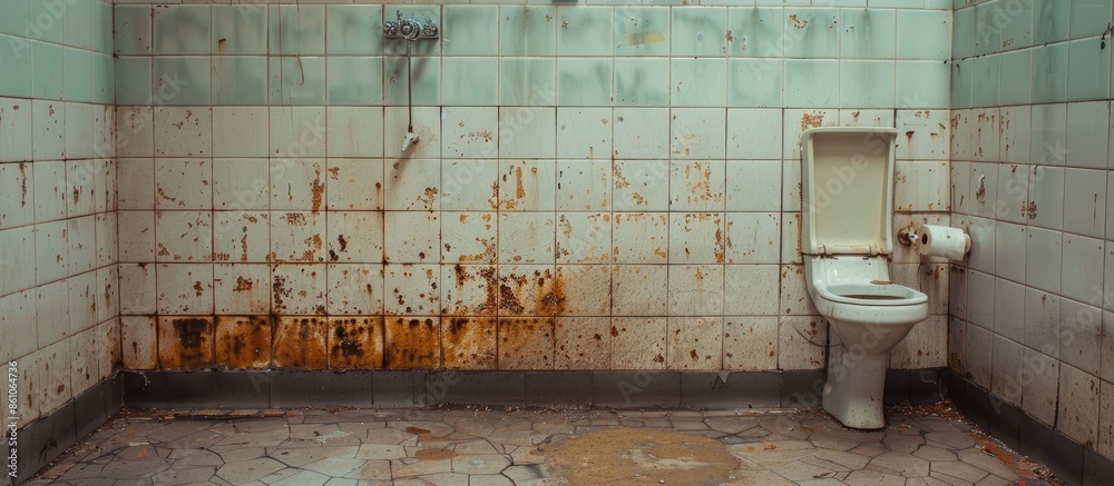 A dirty restroom with dirty dust and stain on the floor. with copy ...