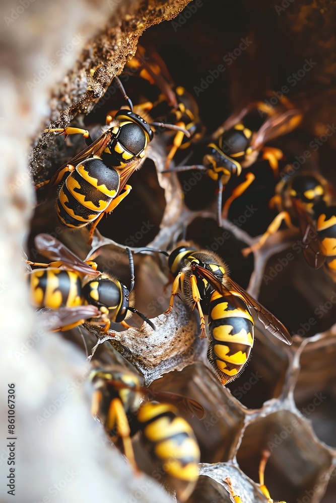 A close-up photograph of a wasp nest with wasps crawling on it. The ...