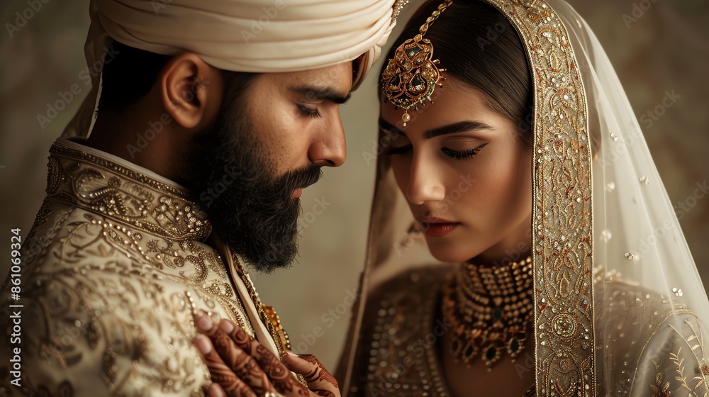 An Indian bride and groom in traditional wedding attire. The bride is ...