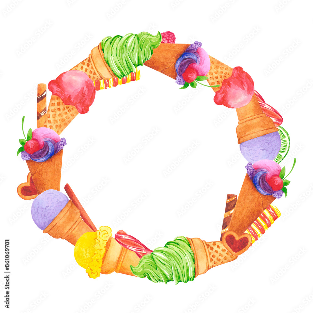 Hand drawn watercolor ice-cream frame border isolated on white ...