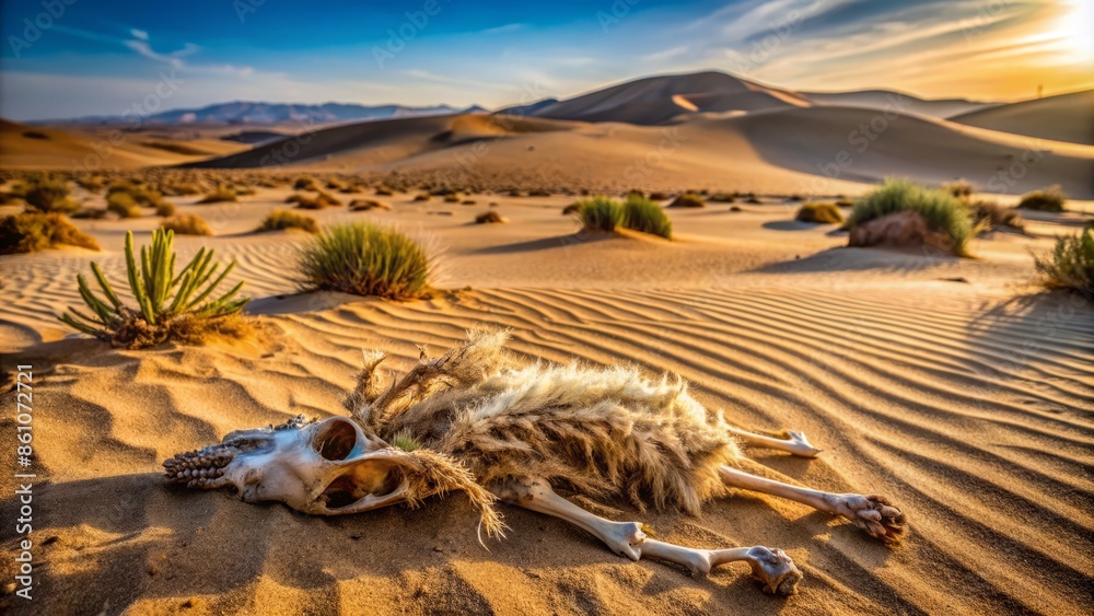 Abandoned, decomposing carcass of a small animal lies alone in the arid ...