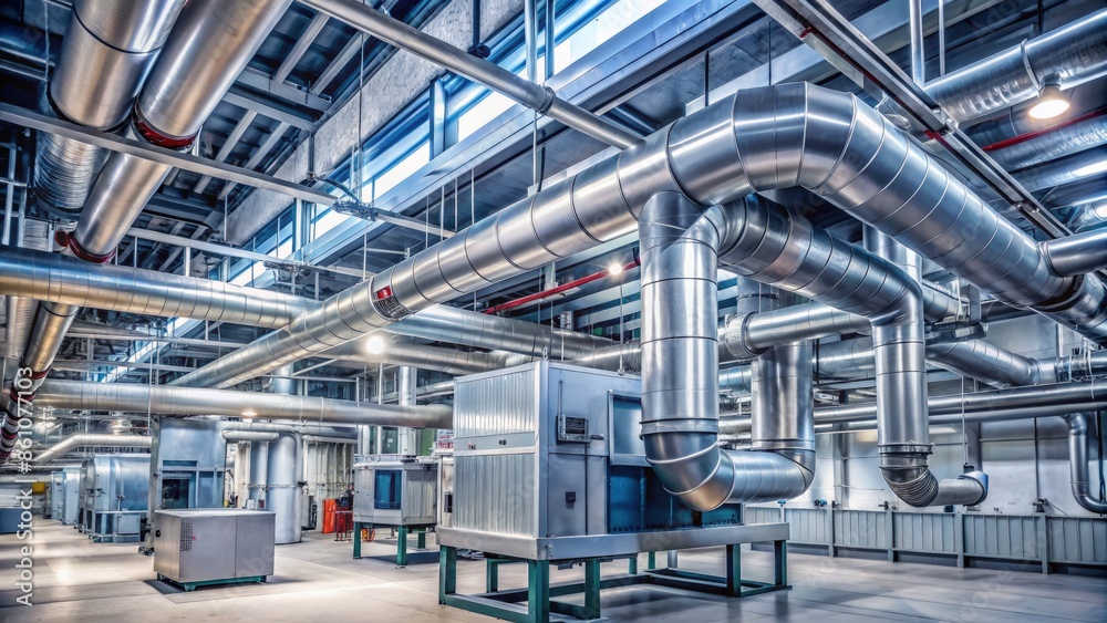 Ilustrace „Industrial HVAC system with exposed ductwork, vents, and ...
