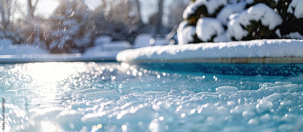 Pool with ice and slush after snow storm. Inground pool with pool cover ...