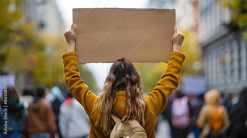 political activist protesting holding a blank placard sign banner at a ...