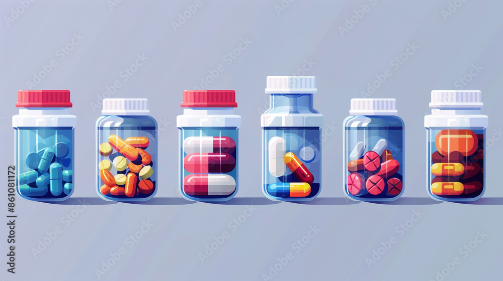 Foto de Detailed vector set depicting medical containers with pills and ...