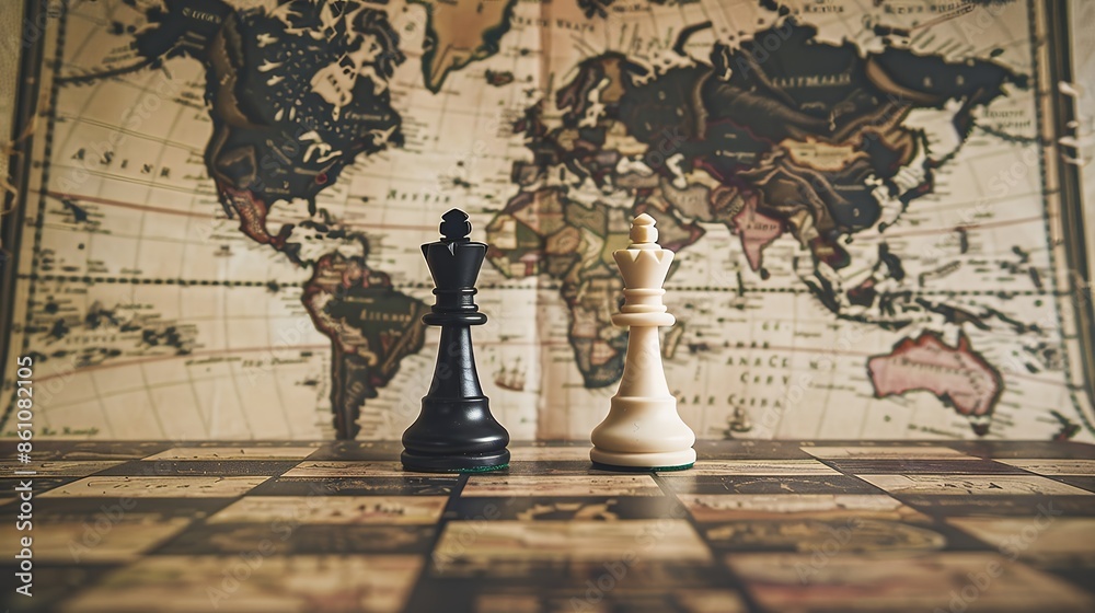 Two chess pieces on a world map, symbolizing global competition and ...