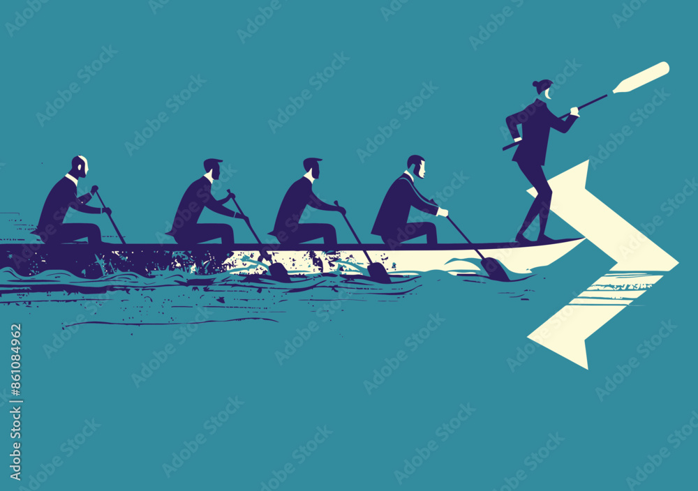 Business Team Rowing Together on White Arrow Boat, Symbolizing Unified ...