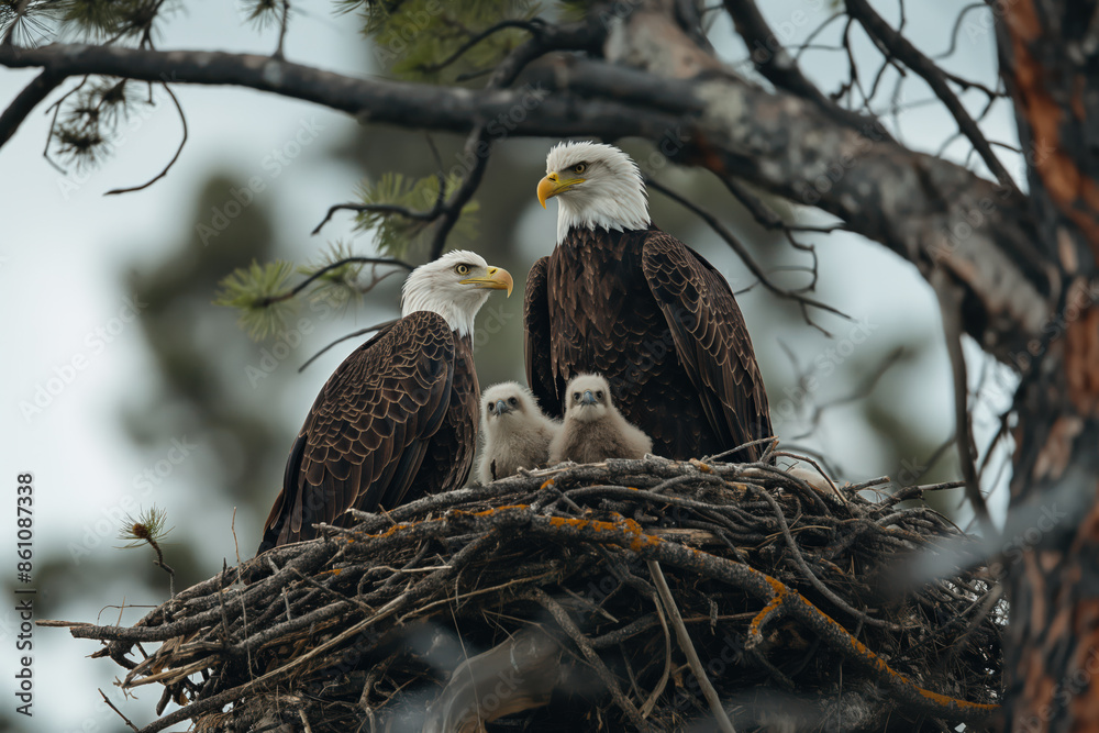 Bald eagle family standing in nest with two chicks Stock Photo | Adobe ...