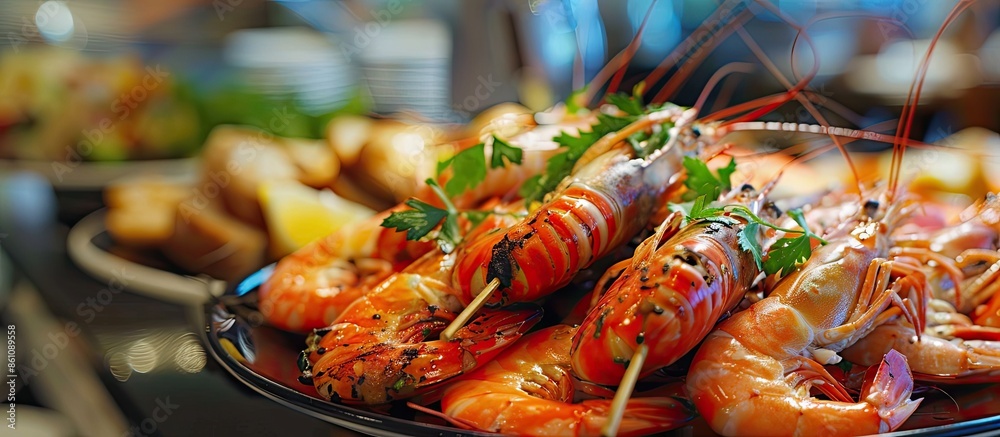 Food, nutrition and prawn on a plate in a restaurant for hospitality in ...