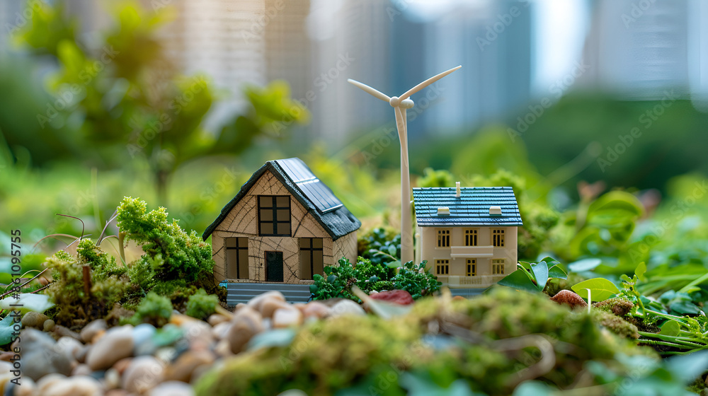 Producing clean sustainable energy with solar panels and wind turbines ...