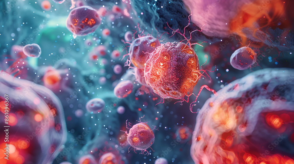 3D rendering of tumor microenvironment showing cancer cells Tcells ...