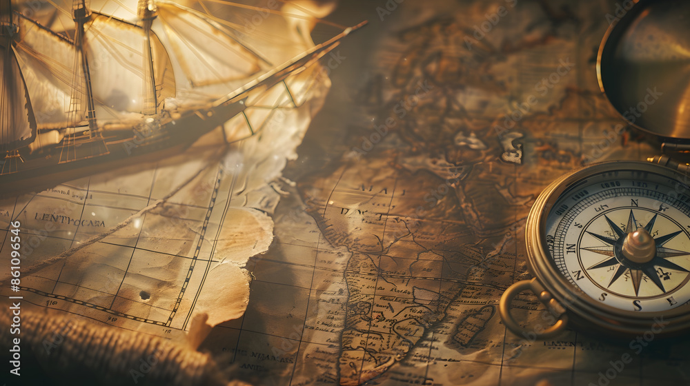 Old sailboat compass and ancient map historical background A concept on ...