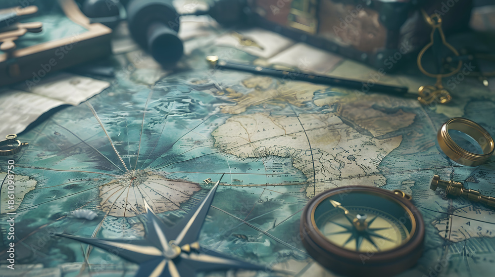 An old geographic map with navigational tools compass divider ruler ...