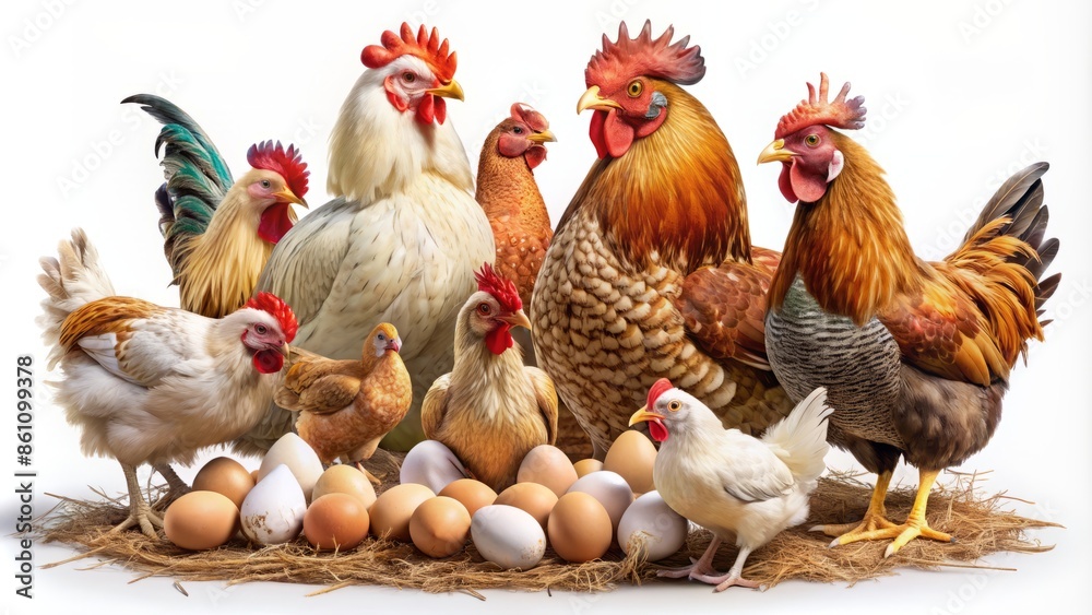 Iconic illustration of various breeds of chickens, roosters, and chicks ...