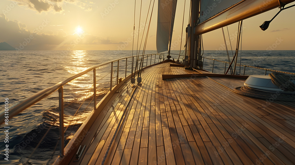 Sunset at the Sailboat deck while cruising sailing at opened sea Yacht ...