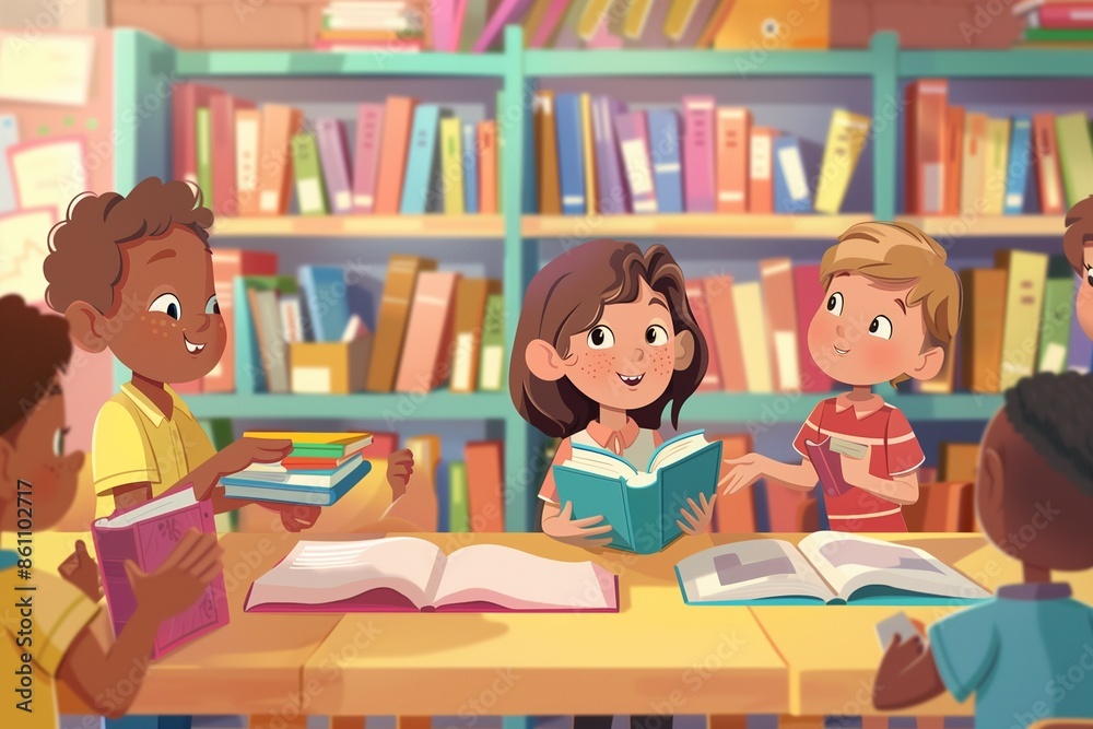 Animated school children engaged in sharing books and ideas in a lively ...