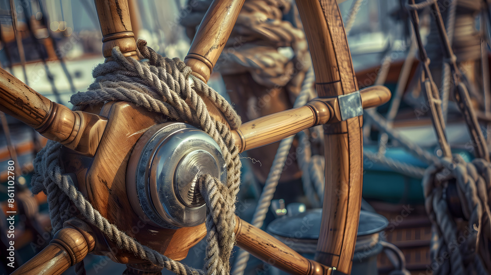 Steering wheel and marine ropes on the old ship for your concept of ...