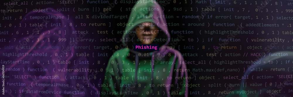 Cyber attack phishing text in foreground screen, anonymous hacker hidden with hoodie in the ...