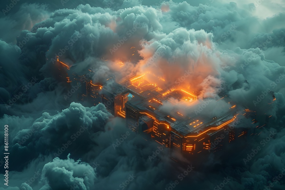 Fire explosion with smoke on abstract cloud computing structure. The ...