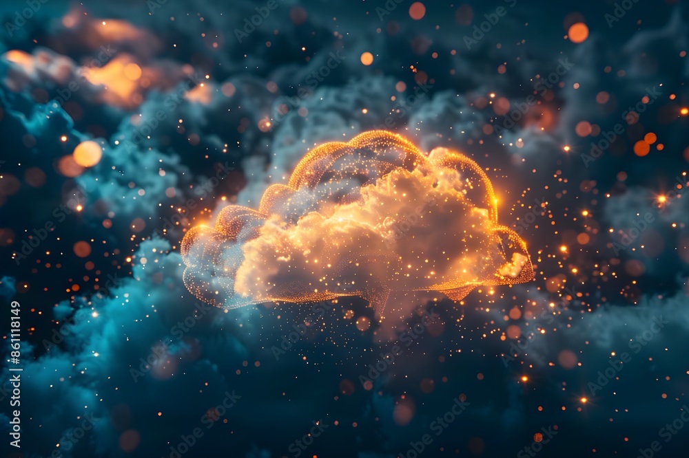 Fire explosion with smoke on abstract cloud computing structure. The ...