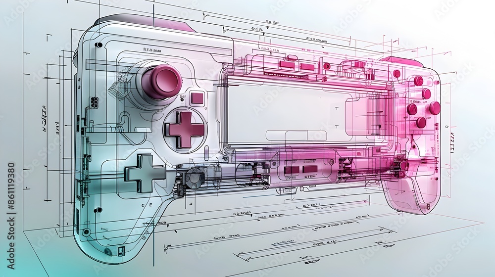 Detailed Blueprint Schematic of a Vibrant and Futuristic Gaming Console ...