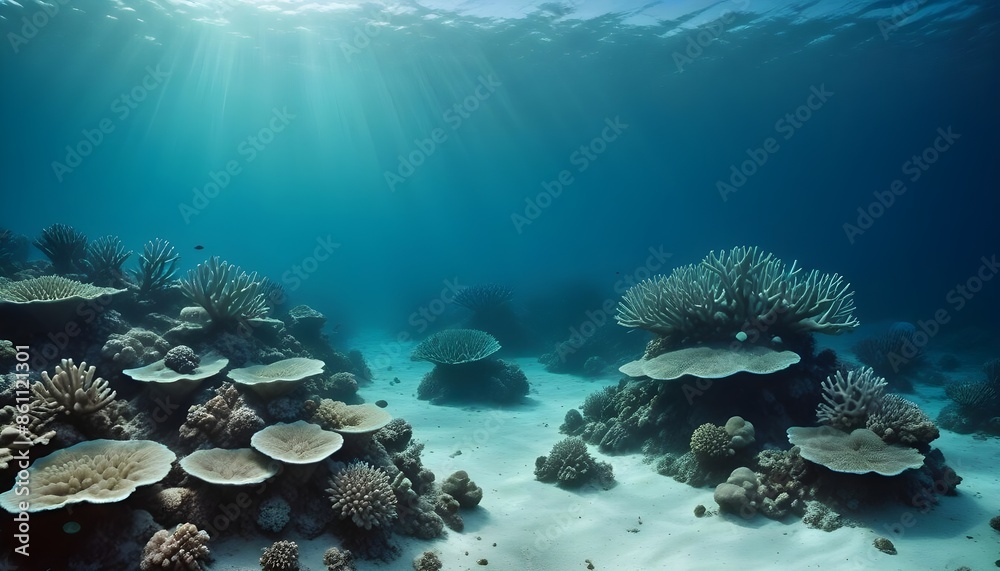 Underwater scene showcasing the bleaching and decay of coral reefs, a ...