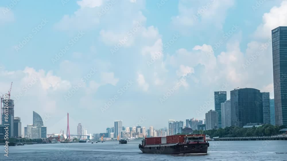 Shanghai city financial district skyline and river scenery ...