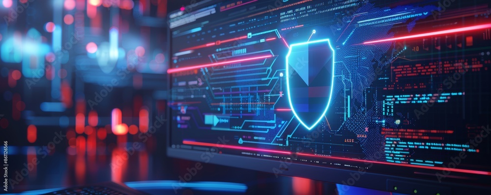 Cybersecurity concept with a shield icon on futuristic computer screen ...