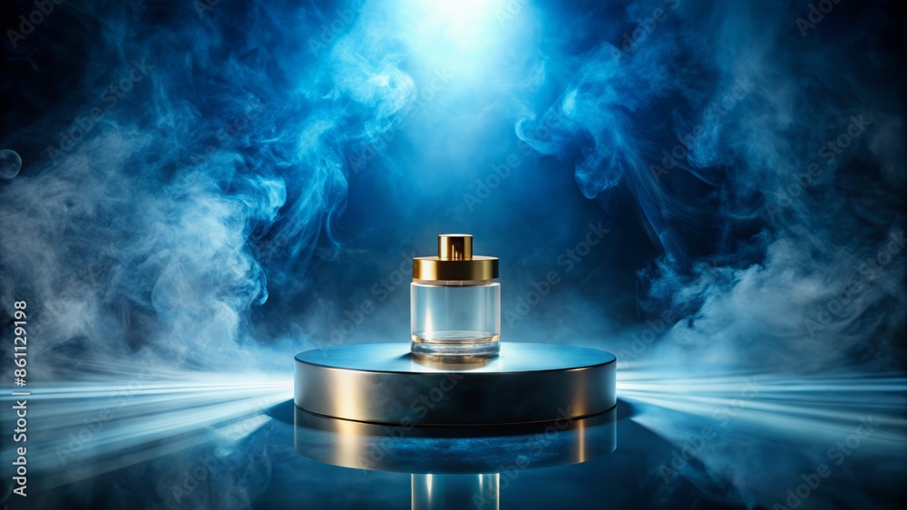 Mysterious ambiance surrounds gleaming product on pedestal, shrouded in ...