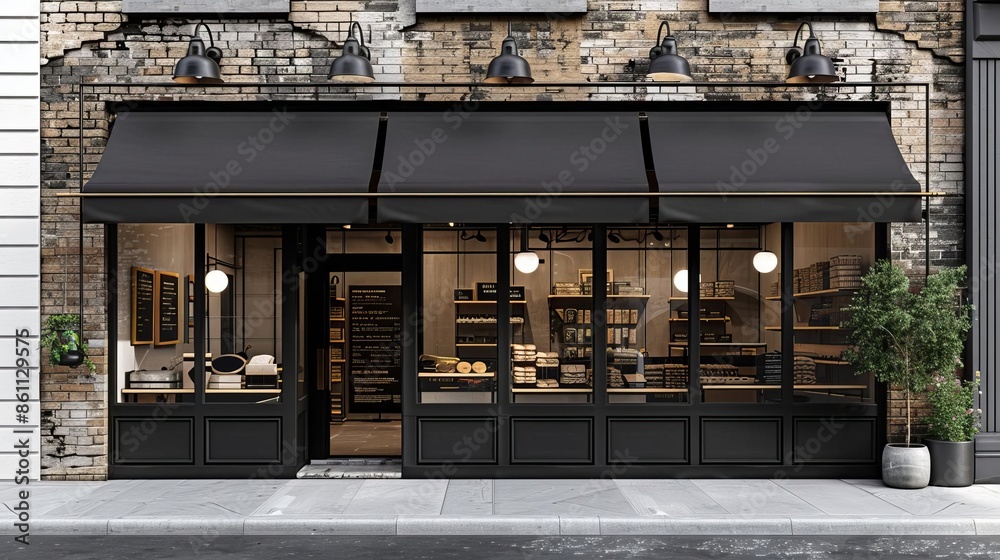 A black and brown shop front with large windows and brown awnings A ...