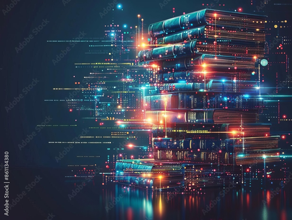Creative banner showing a stack of books turning into a digital library ...