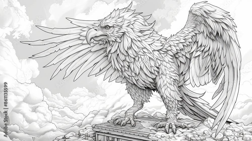 coloring book A majestic gryphon stands atop a ruined temple, its ...