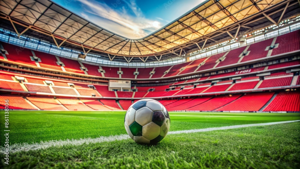 Empty Wembley stadium before kickoff, official ball lies on lush green ...