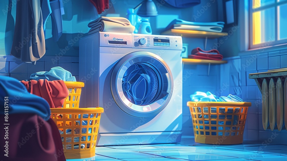 Cartoon illustration of a laundry room service: functional washing ...