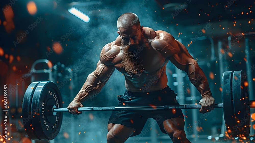 Muscular Bodybuilder Performing Intense Clean and Jerk Lift in Vibrant ...