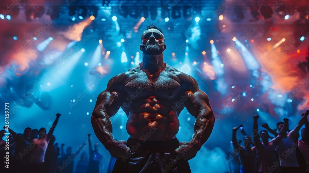 Muscular Bodybuilder Posing on Vibrant Stage with Crowd Stock Photo ...