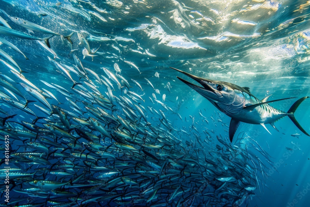 Sardines swim in a ball while marlin hunt them. predators swimming ...