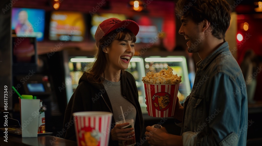 The warmth of friendship, two friends stand at the movie theater ...