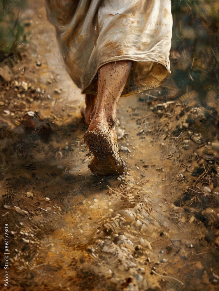 A close-up photograph of the feet of Jesus walking on a dirt path ...