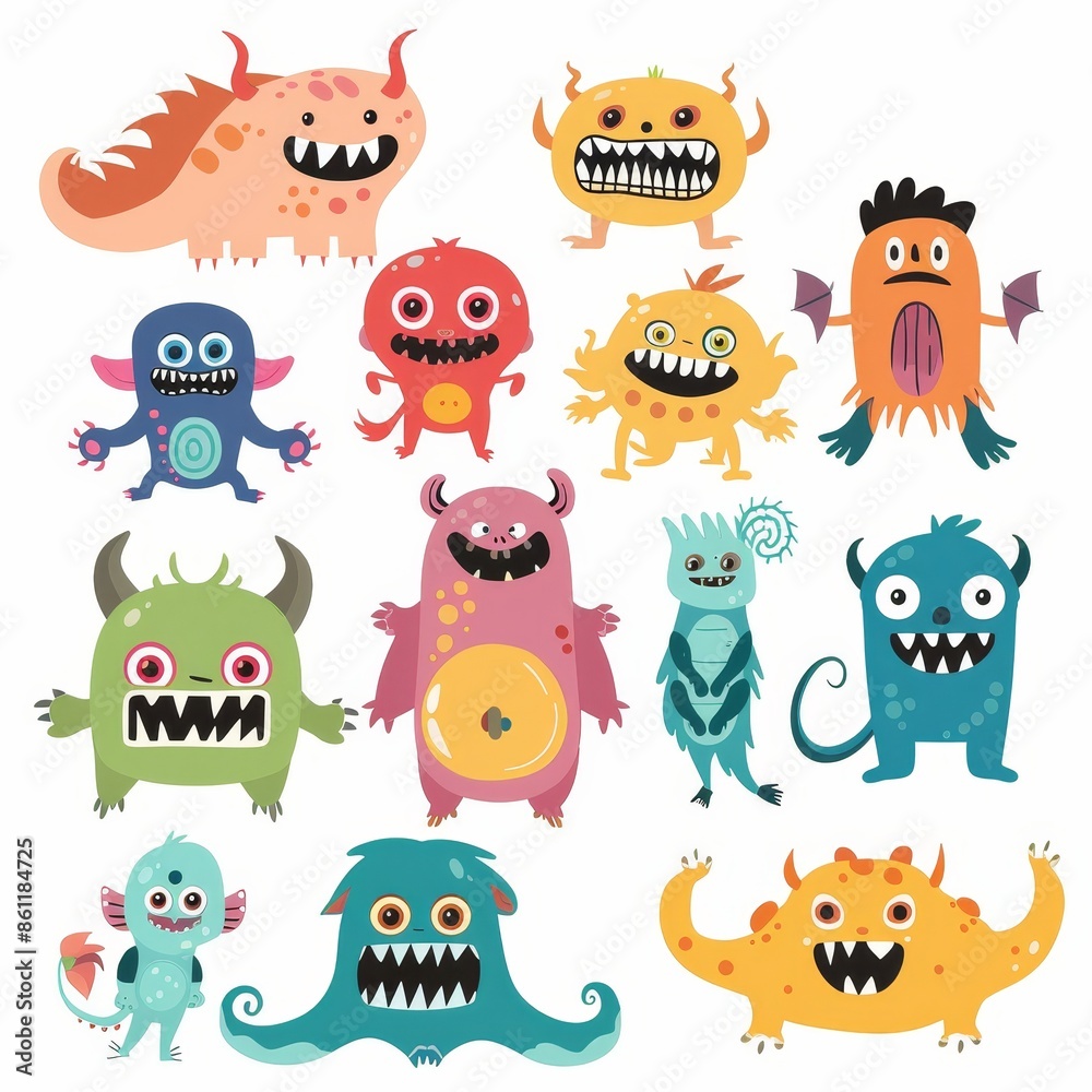 A set of cute scary monster icons with kawaii cartoon cuteness. Sticker ...