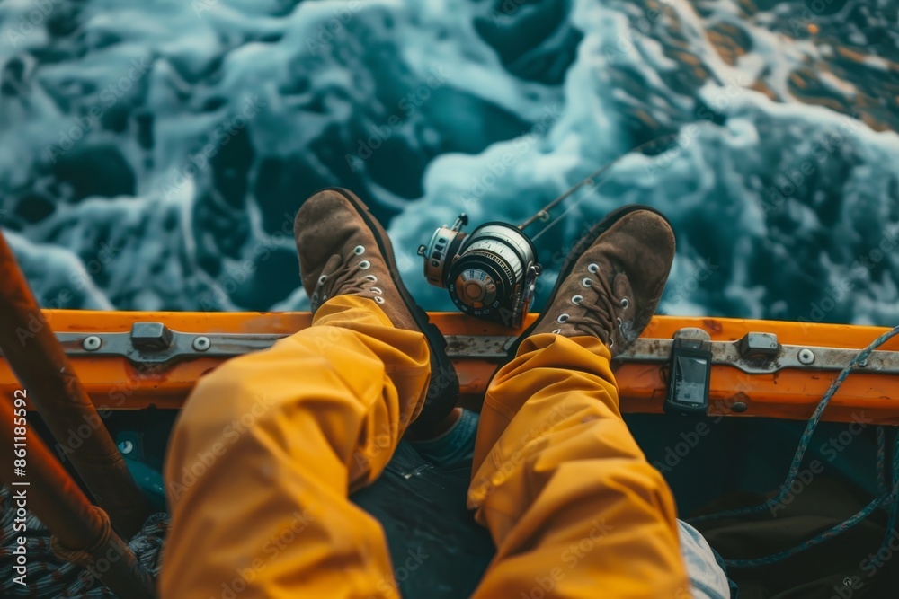 Shirtless man, legs up and sea, casting break on ship, nature with ...