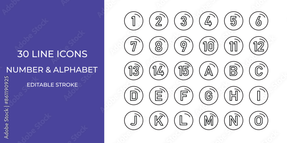 Number and Alphabet icon set vector illustration stroke editable ...