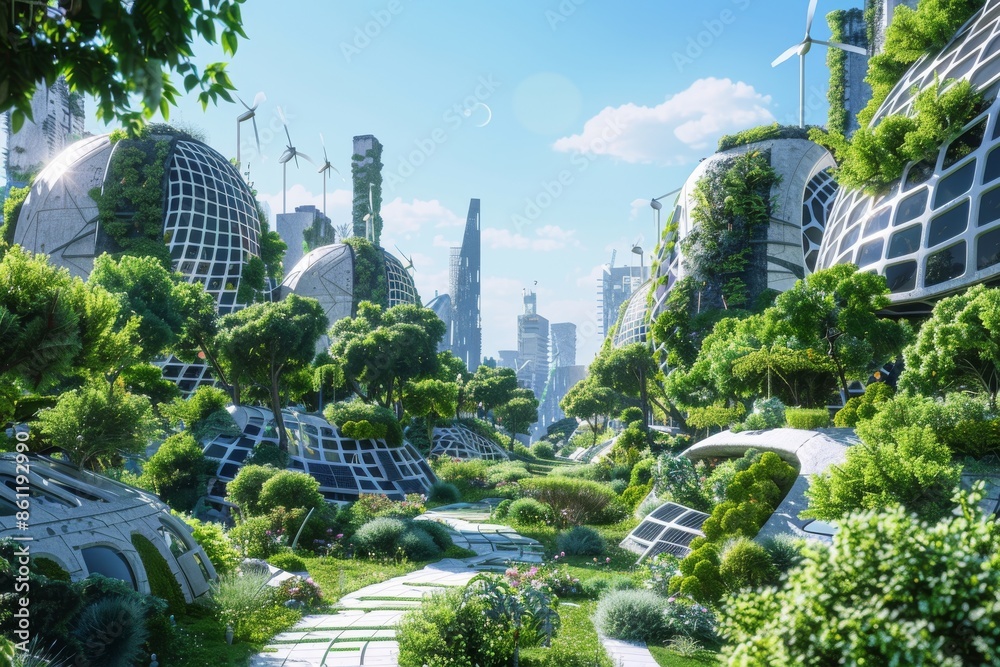 The AI midjourney generated futuristic landscape illustrates a green ...