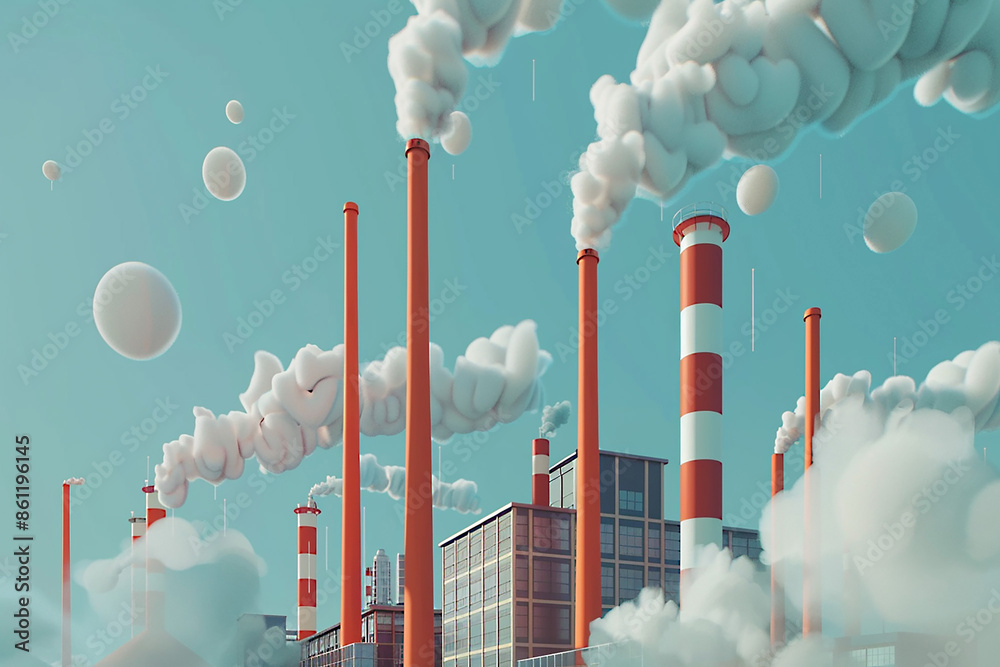 High resolution factory scene with smokestacks, 3D animated pollution ...
