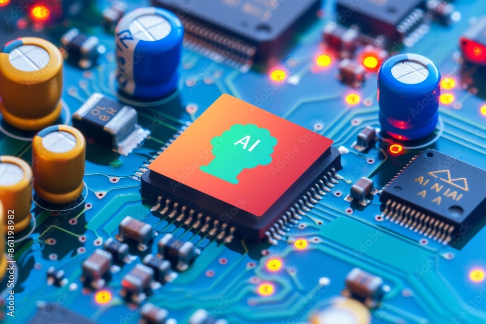 AI chip on a circuit board, representing the integration and ...