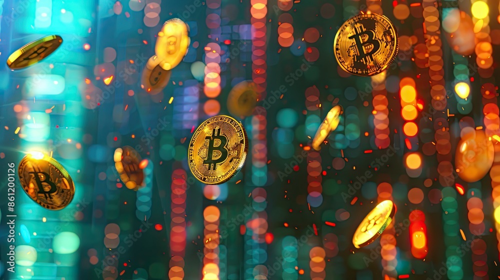 Bitcoin coins tumbling through the air with a tech-themed background ...