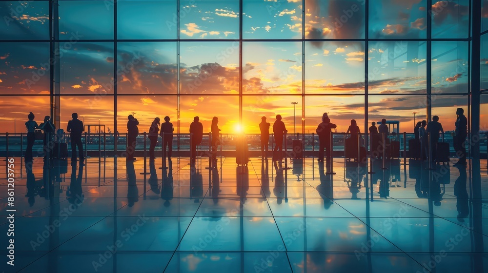 Silhouettes of people at the airport against the backdrop of huge glass ...