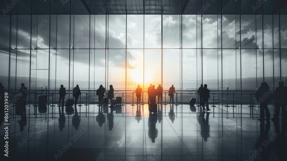 Silhouettes of people at the airport against the backdrop of huge glass ...